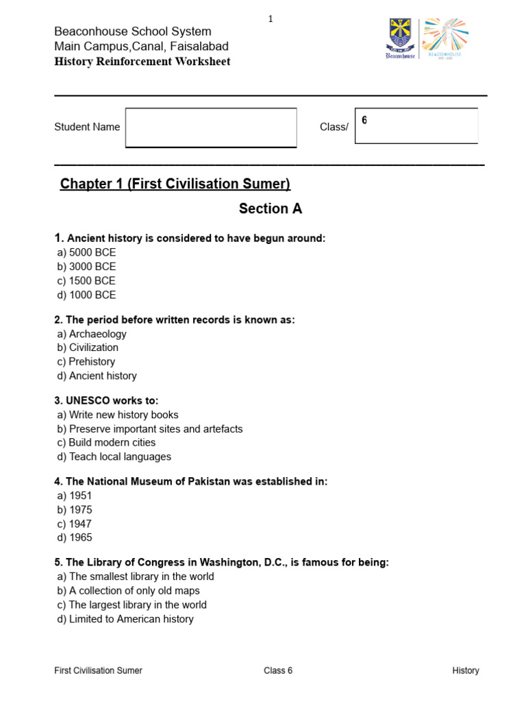 6th History Reinforcement Worksheet (First Civilisation Sumer) | PDF ...
