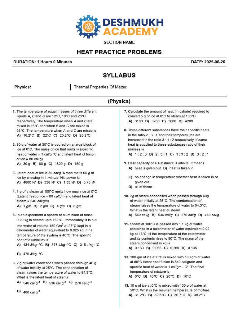 Heat Practice Problems for Physics | PDF | Heat | Latent Heat