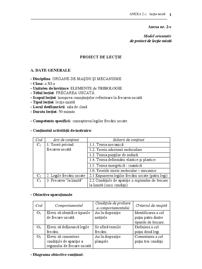 Model Proiect de Lectie