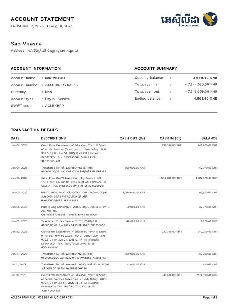 Account Statement Summary KHR 2025 | PDF | Banking Technology | Economies