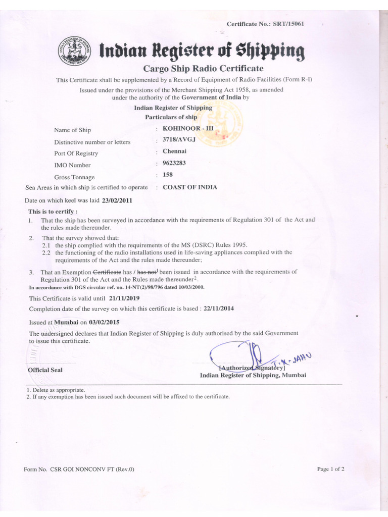 Cargo Ship Radio Certificate (1) - Cargo Ship Radio Certificate | PDF
