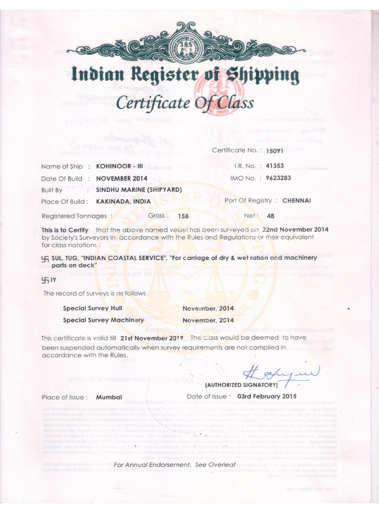 Certificate of Class 001 - Certificate of Class 002 | PDF