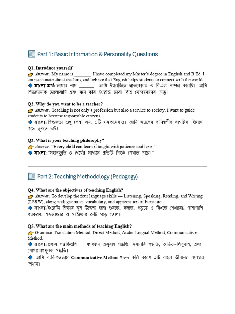 Part 1: Basic Information & Personality Questions: Q1. Introduce ...