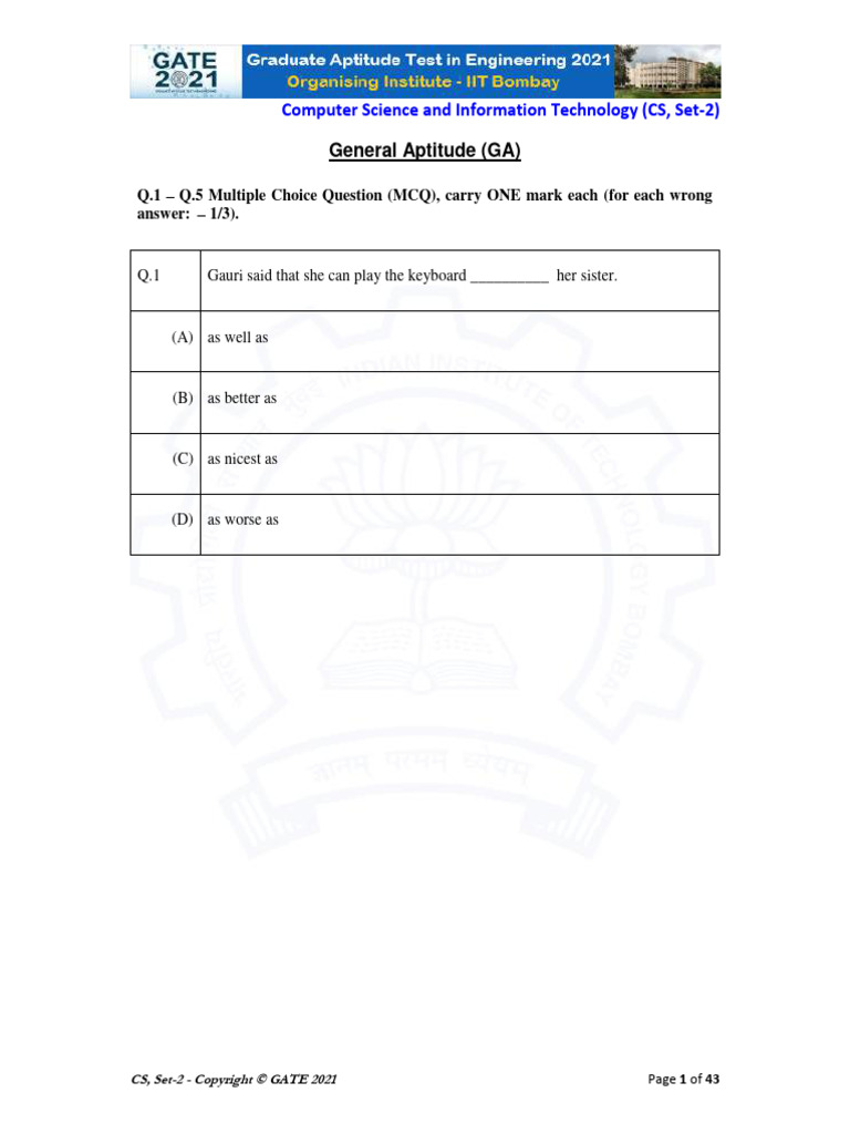 GATE Computer Science Information Technology Paper Set 2 2021 | PDF