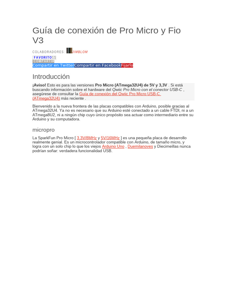 Guía de Conexión de Pro Micro y Fio V3 | PDF | Arduino | USB