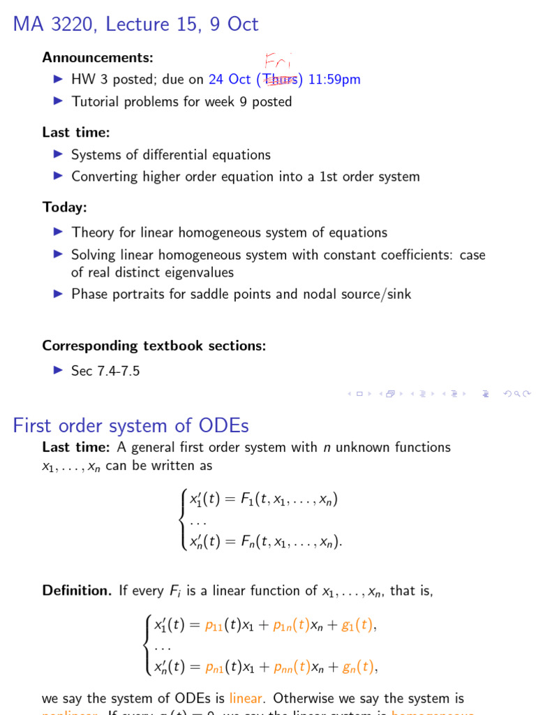 Linear Homogeneous ODE Systems Overview | PDF | System Of Linear ...