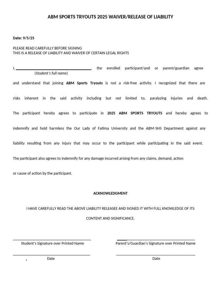 Abm Sports Tryouts 2025 Waiver Release of Liability | PDF
