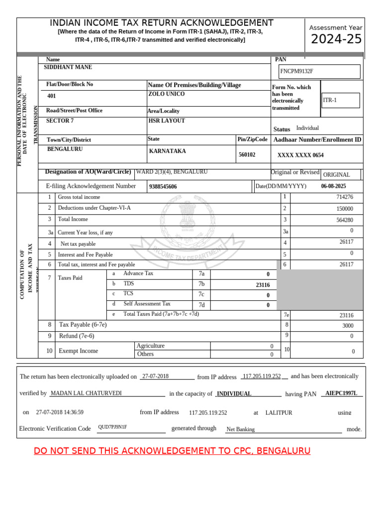 Indian Income Tax Return Acknowledgement 2 | PDF | Economies | Taxation