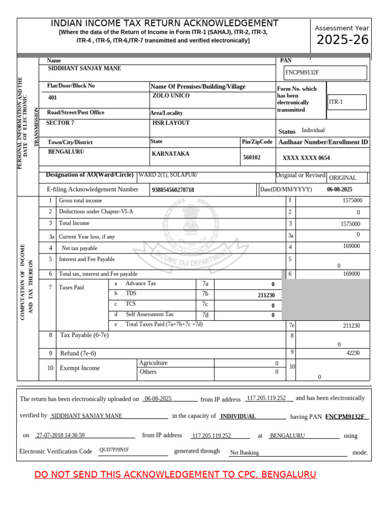 Indian Income Tax Return Acknowledgement 3 | PDF | Taxation | Payments