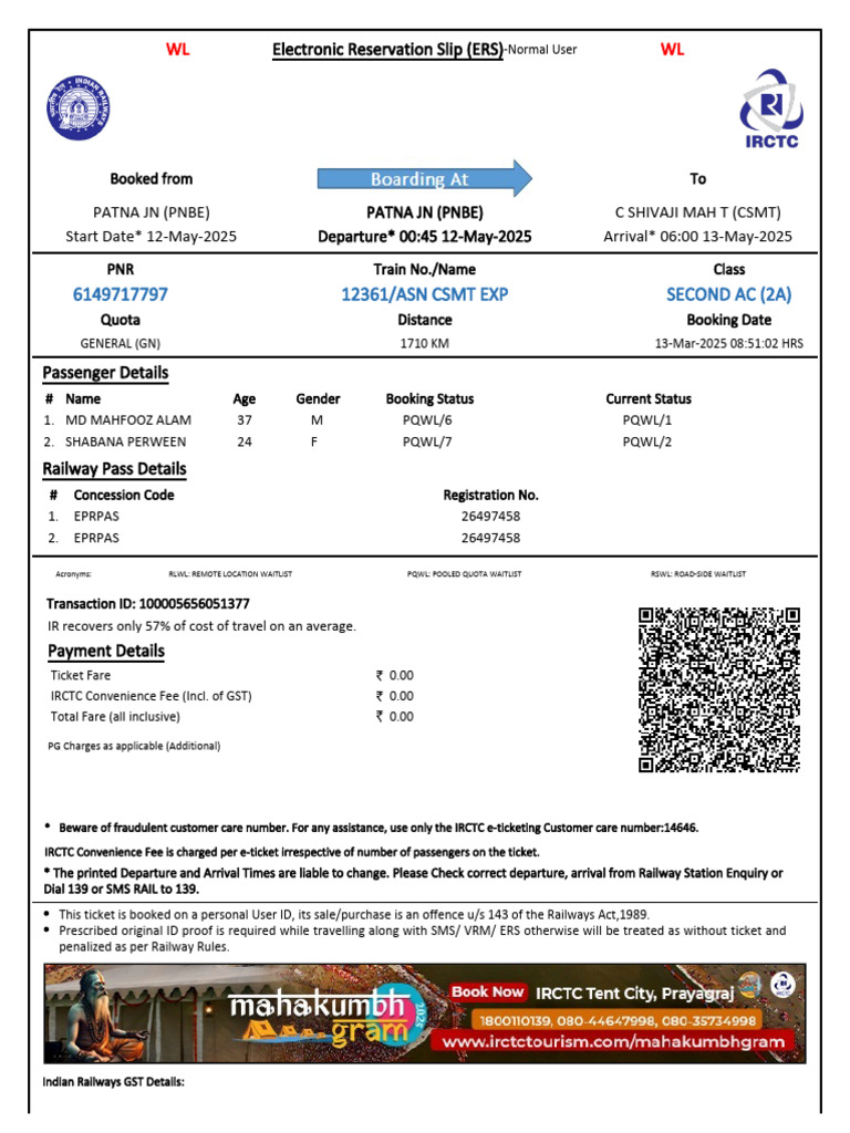 12361/ASN CSMT EXP Second Ac (2A) : WL WL | PDF | Identity Document ...