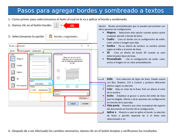 Pasos para Agregar Bordes y Sombreado A Textos | PDF