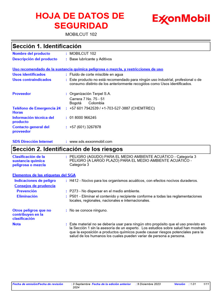 Hoja de Datos de Seguridad: Mobilcut 102 | PDF | Agua | Contaminación
