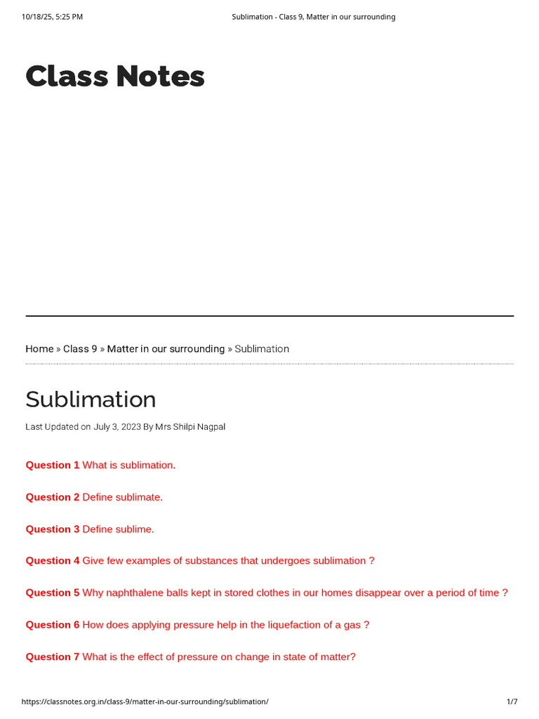 Sublimation Explained for Class 9 | PDF | Solid | Gases