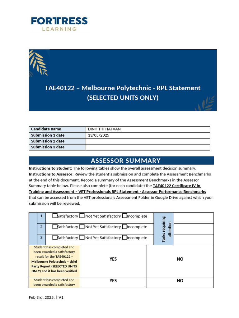 Tae40122 - Melbourne Polytechnic - RPL Statement (Selected Units Only) .v1.0 - Dinh Thi Hai Van ...