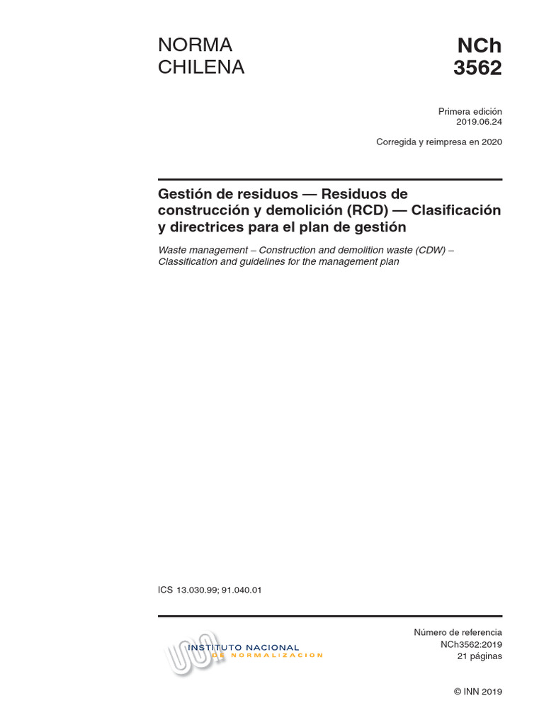 Norma NCh 3562: Gestión de RCD 2019 | PDF | Residuos | Reciclaje