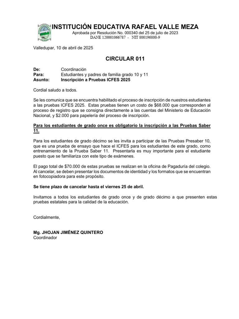 Circular 011 - Inscripción Pruebas ICFES | PDF
