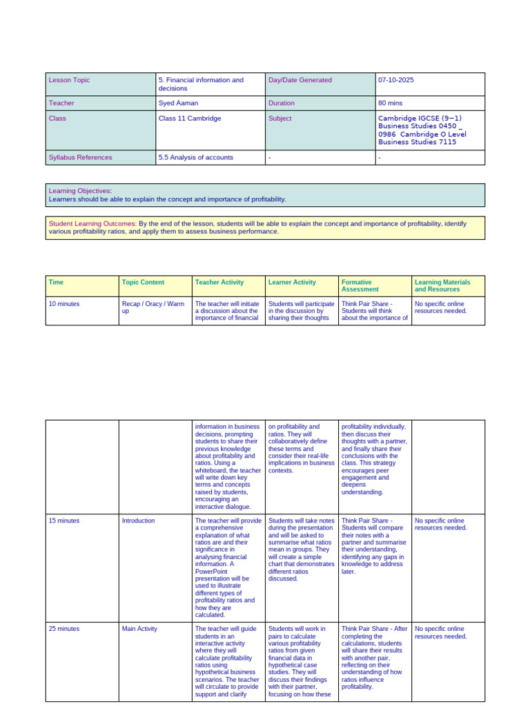 BAIR Lesson Plan - Cambridge IGCSE (9 1) Business Studies 0450 - 0986 ...