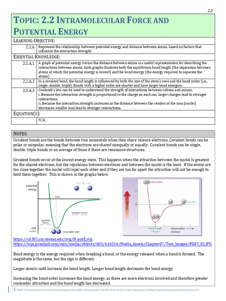 2.2 Intramolecular Force and Potential Energy Student | PDF | Chemical ...