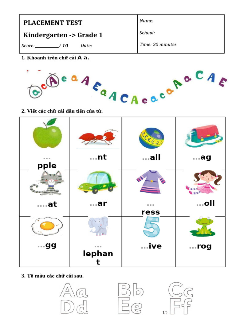 Kindergarten Upto Grade 1 - Placement Test | PDF