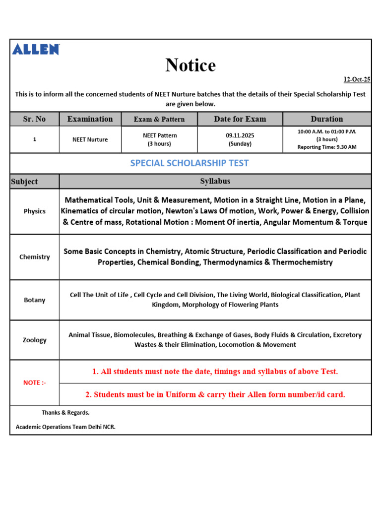 NEET Nurture Scholarship Test Syllabus | PDF