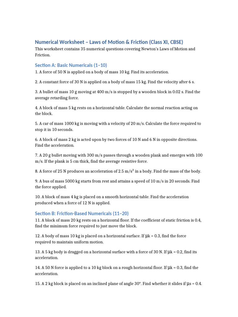 Class XI Friction Numericals Worksheet | PDF | Force | Friction