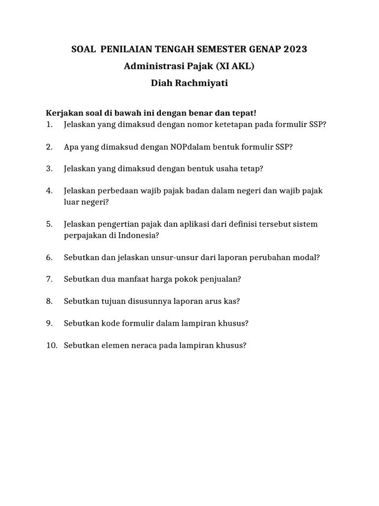 Soal Pts Genap 2023 Pajaki Xi Akl Diah | PDF