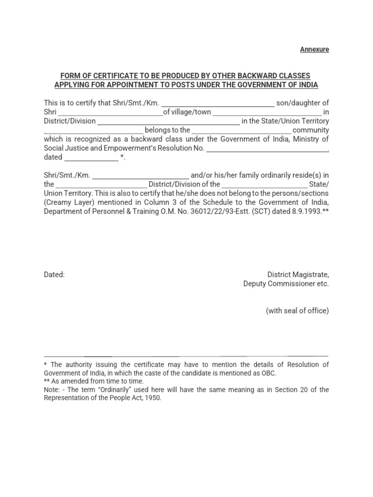 OBC Appointment Certificate Template | PDF