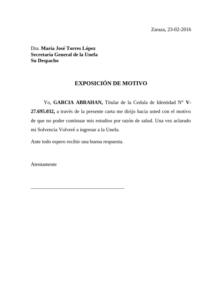 Carta de Exposición de Motivos UNEFA | PDF