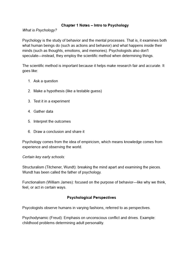 Chapter 1 Notes - Intro To Psychology | PDF | Psychology | Psychologist
