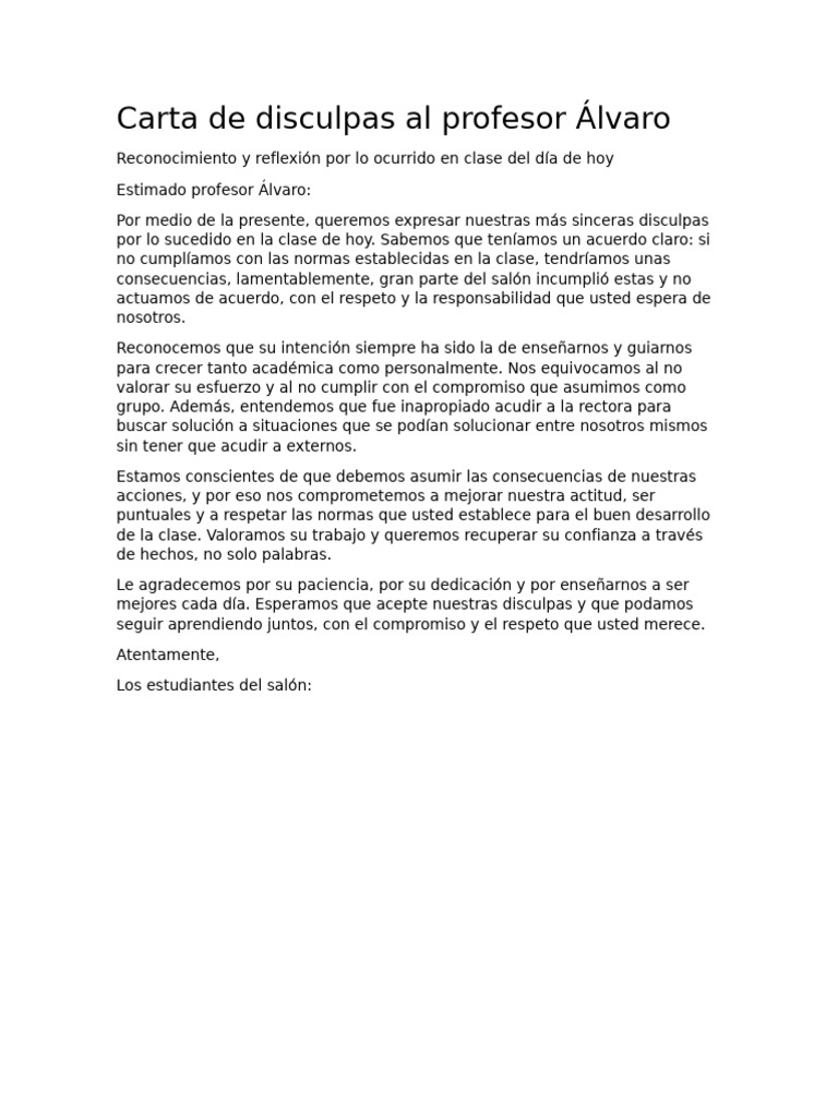 Carta de Disculpas Al Profesor Álvaro | PDF