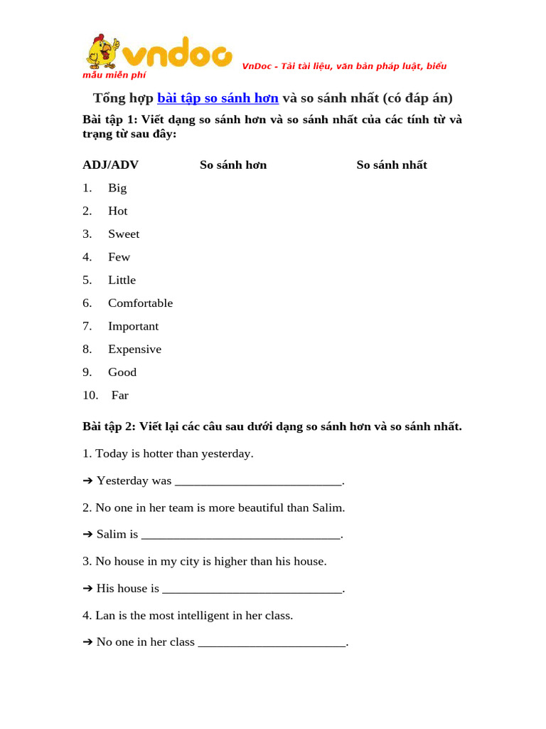 Tong Hop Bai Tap So Sanh Hon Va So Sanh Nhat Co Dap An | PDF
