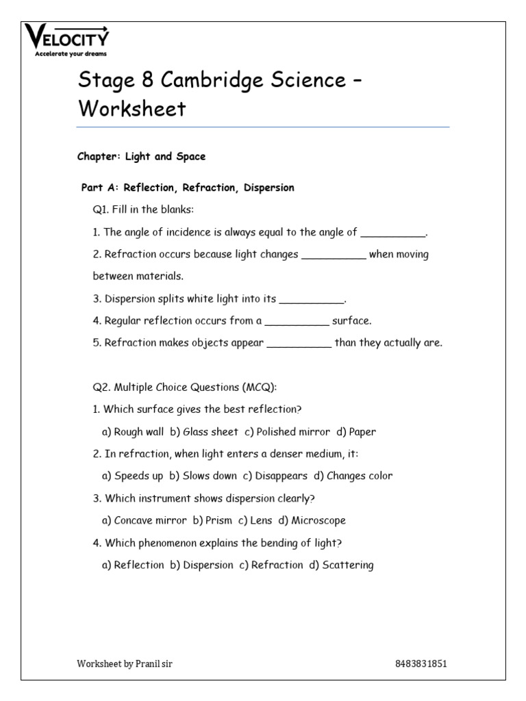 Stage8 Light and Space Full Worksheet | PDF | Asteroid | Reflection ...