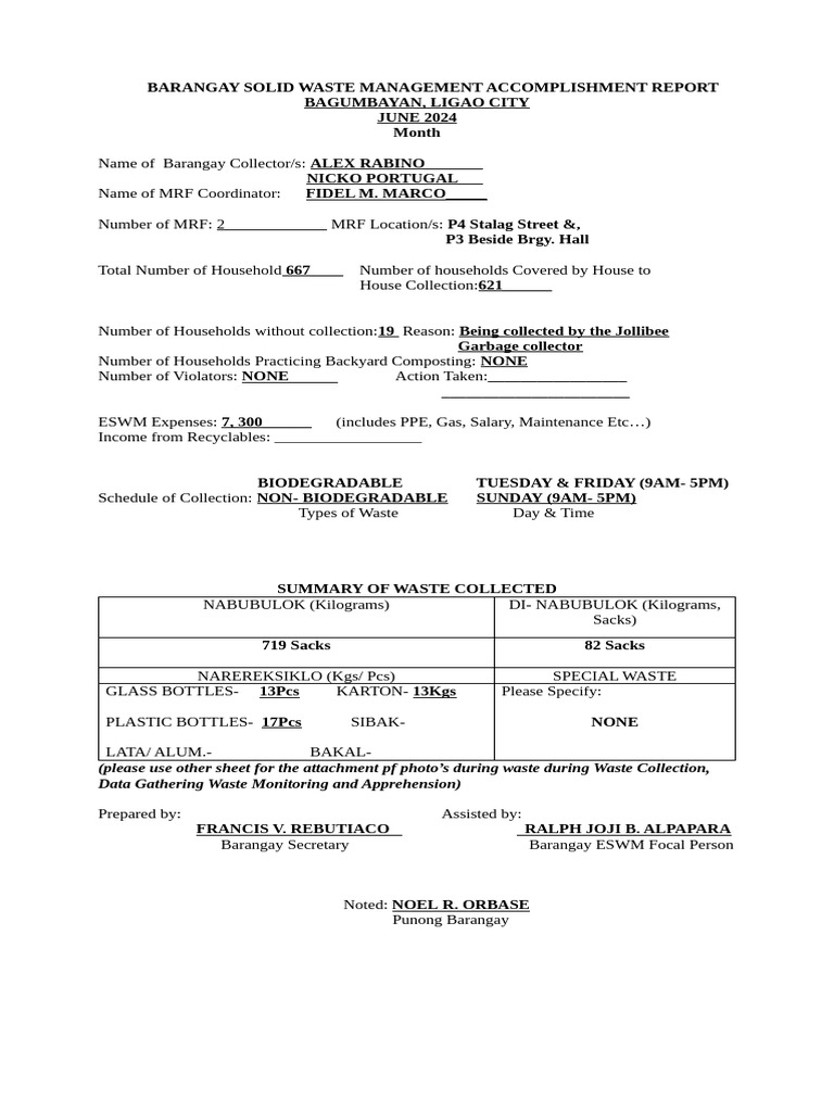 Barangay Solid Waste Management Accomplishment Report | PDF ...