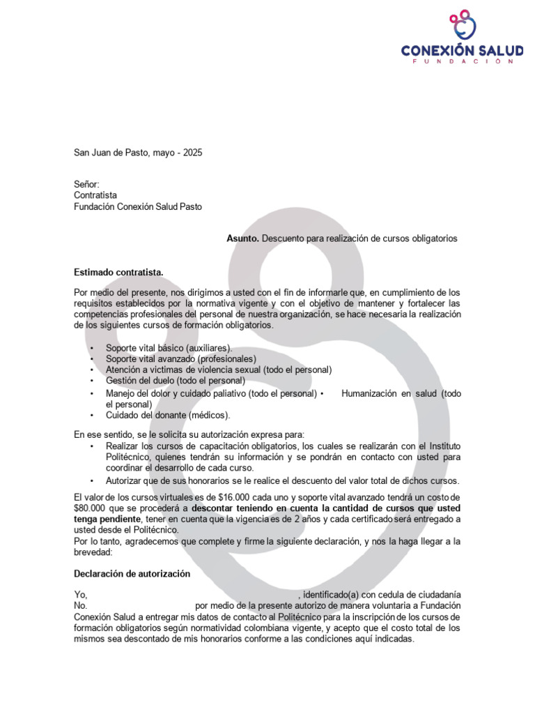 Oficio para Descuento Cursos Wilson Camilo Delgado | PDF
