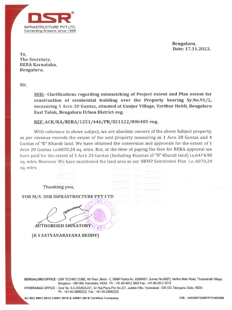 Explanation For DSR Greenwaters Project Land Area | PDF