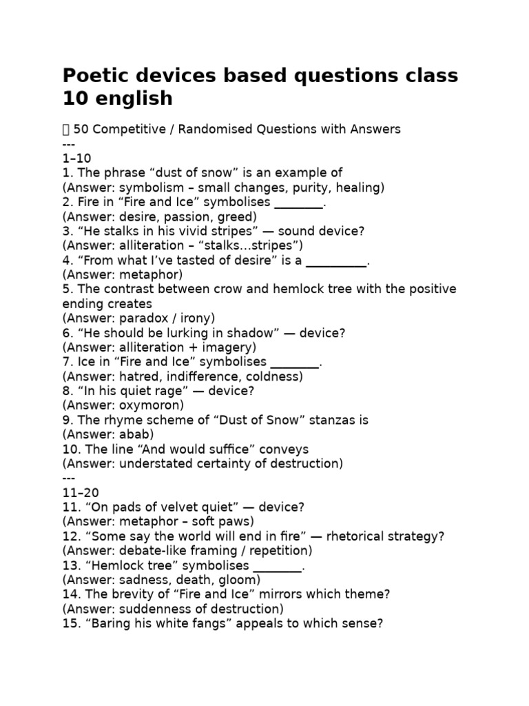 Poetic Devices Based Questions Class 10 English | PDF | Poetry
