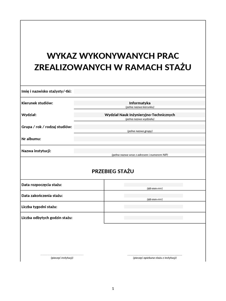 Wykaz Prac Staz Przyklad | PDF