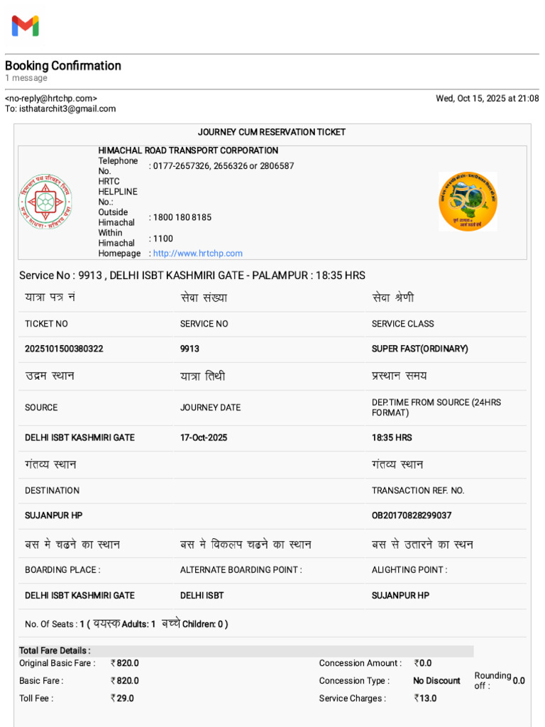 Gmail - Booking Confirmation | PDF | Fare | Transport