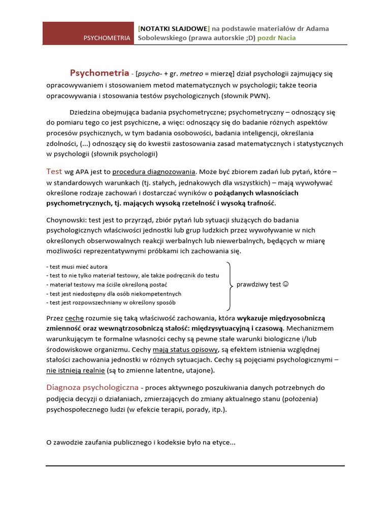 Psychometria Notatki | PDF