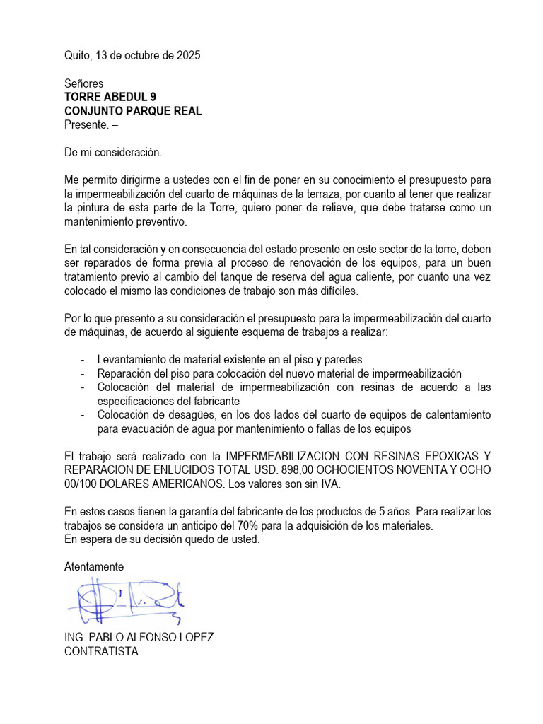 Presupuesto Impermeabilizacion Cuarto Tanque Agua Caliente | PDF