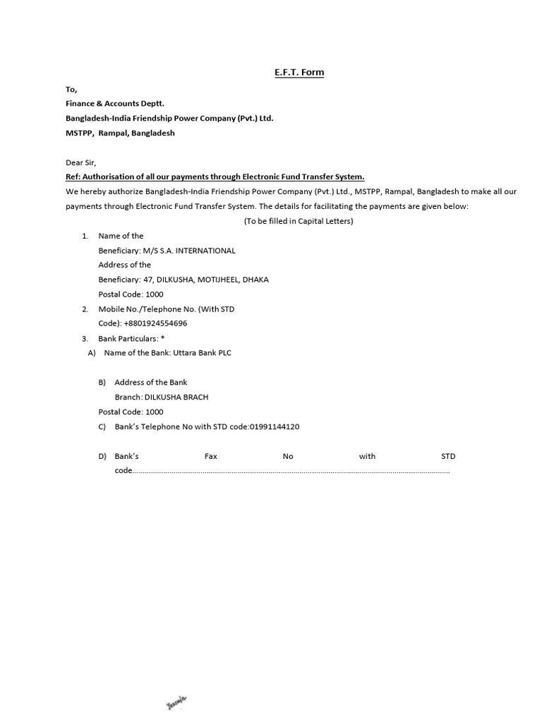 EFT Form | PDF | Financial Services | Banking