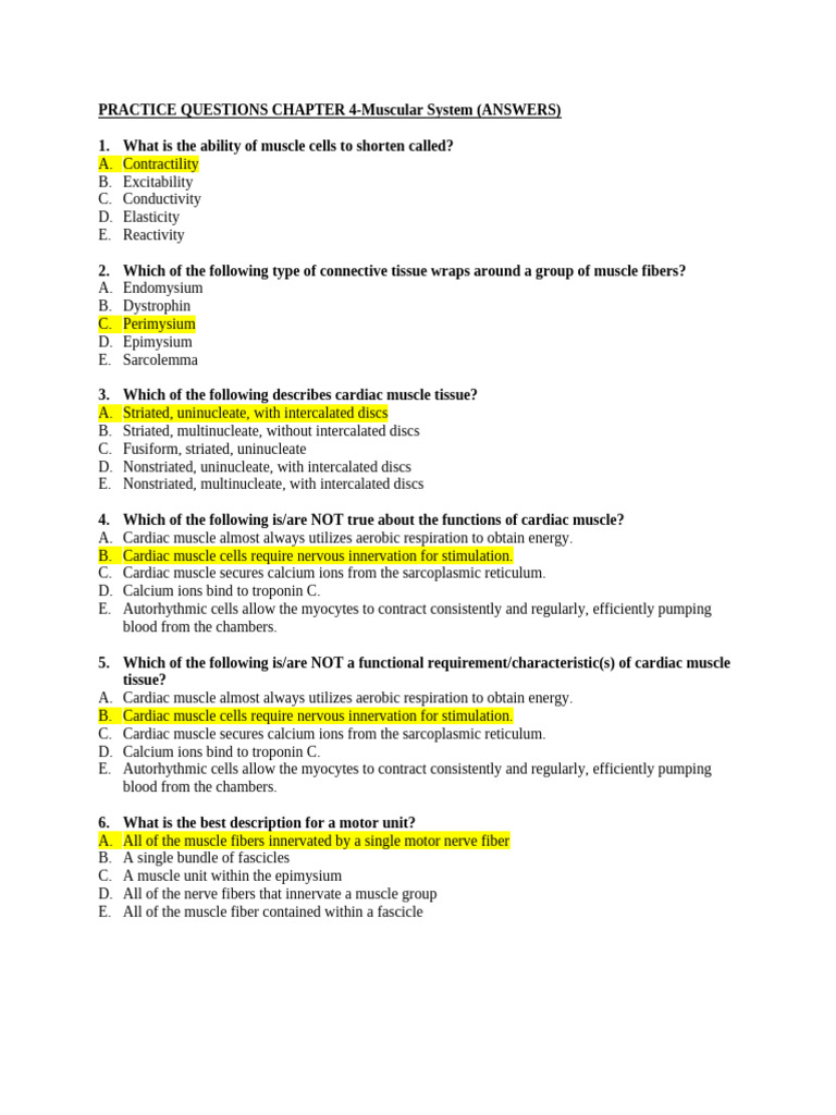 Ch4 Practice Questions-Answers | PDF | Muscle Contraction | Skeletal Muscle