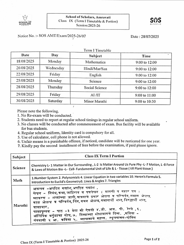 Term I Time Table and Portion IX 29-Jul-2025 07-23-26 | PDF