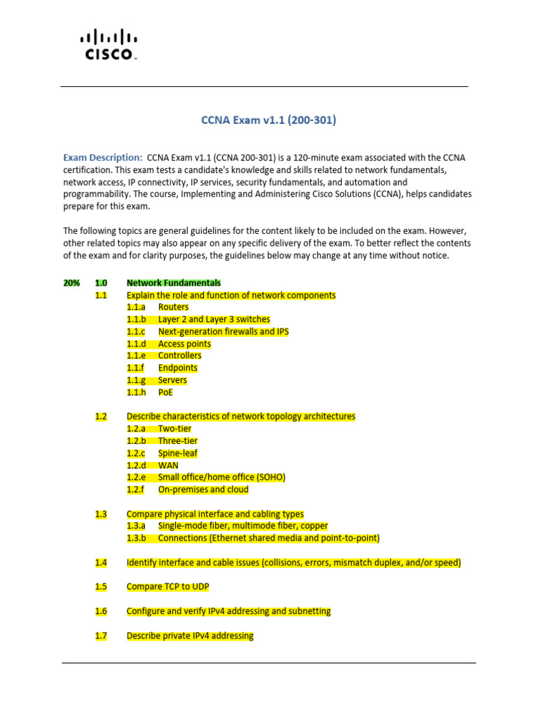 200-301-CCNA-v1.1_outline - DRAFT | PDF | Cisco Certifications | Computer Network