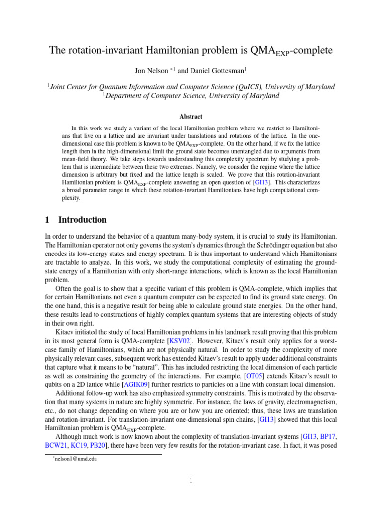 The Rotation-Invariant Hamiltonian Problem Is QMA - Complete | PDF ...