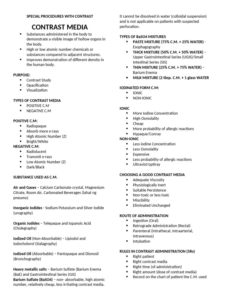 Contrast Media Procedures Overview | PDF