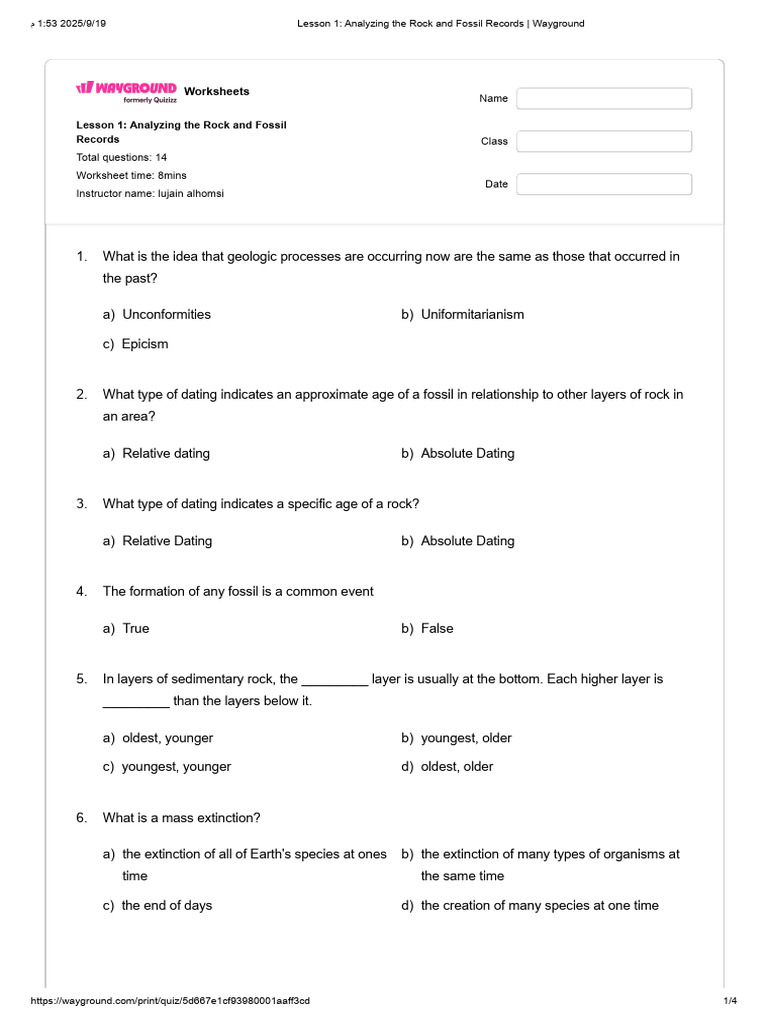 Lesson 1 - Analyzing The Rock and Fossil Records - Wayground AMR | PDF ...