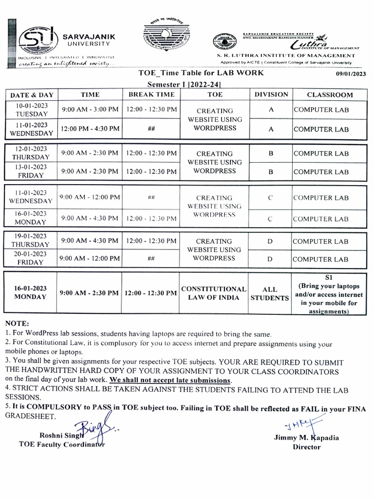 Toe - Sem 1-22-24 - Lab Work Time Table | PDF