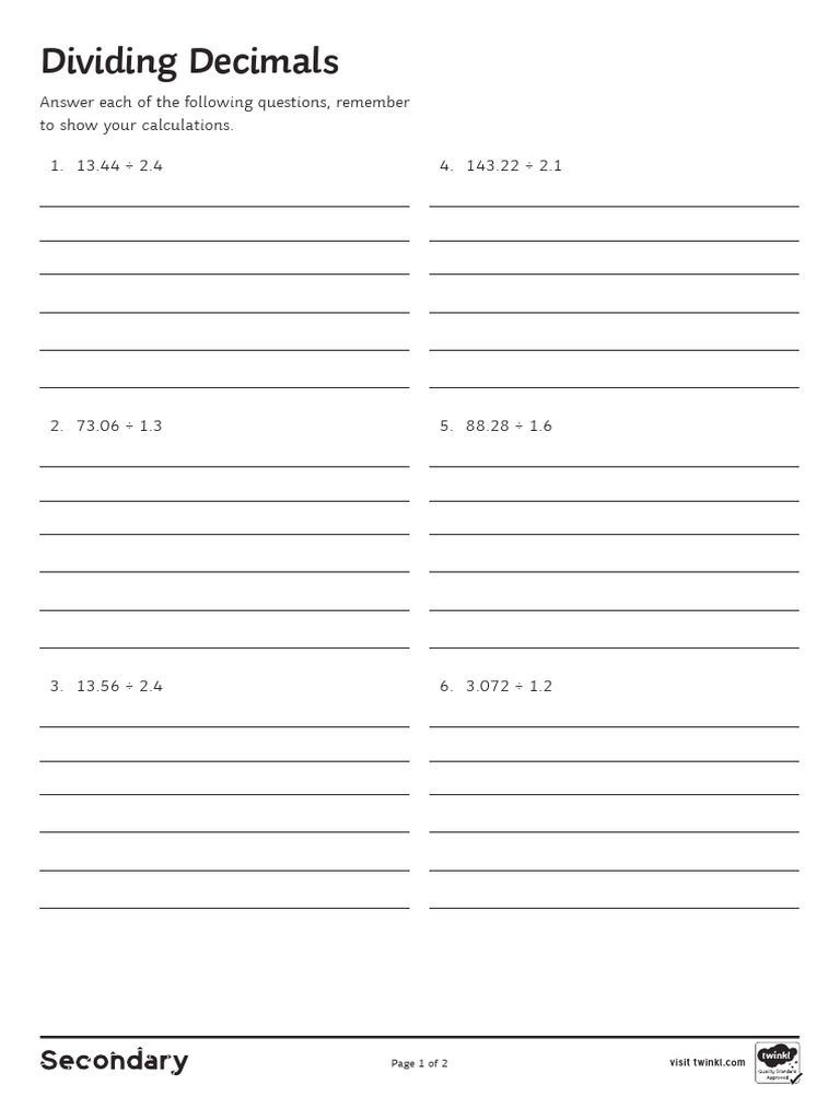 Dividing Decimals Activity Sheet Higher Ability | PDF