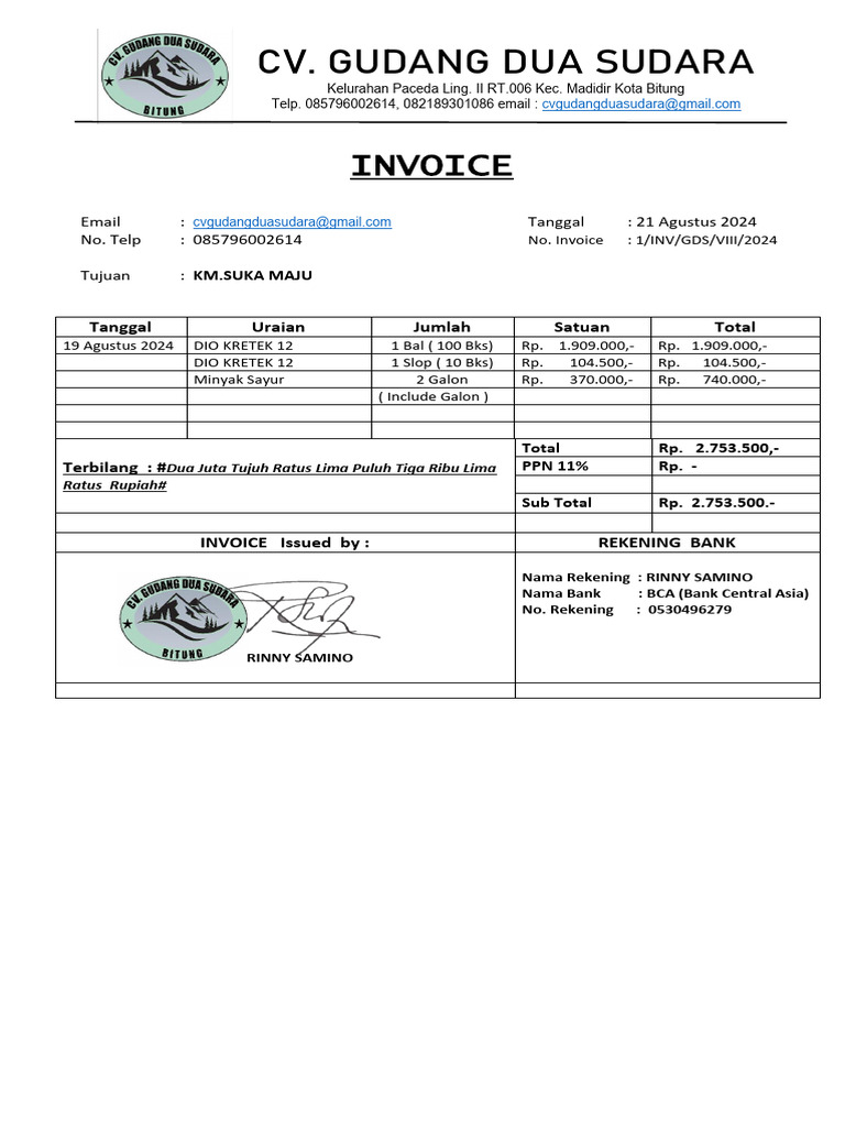 Invoice Pembelian CV. Gudang Dua Saudara | PDF